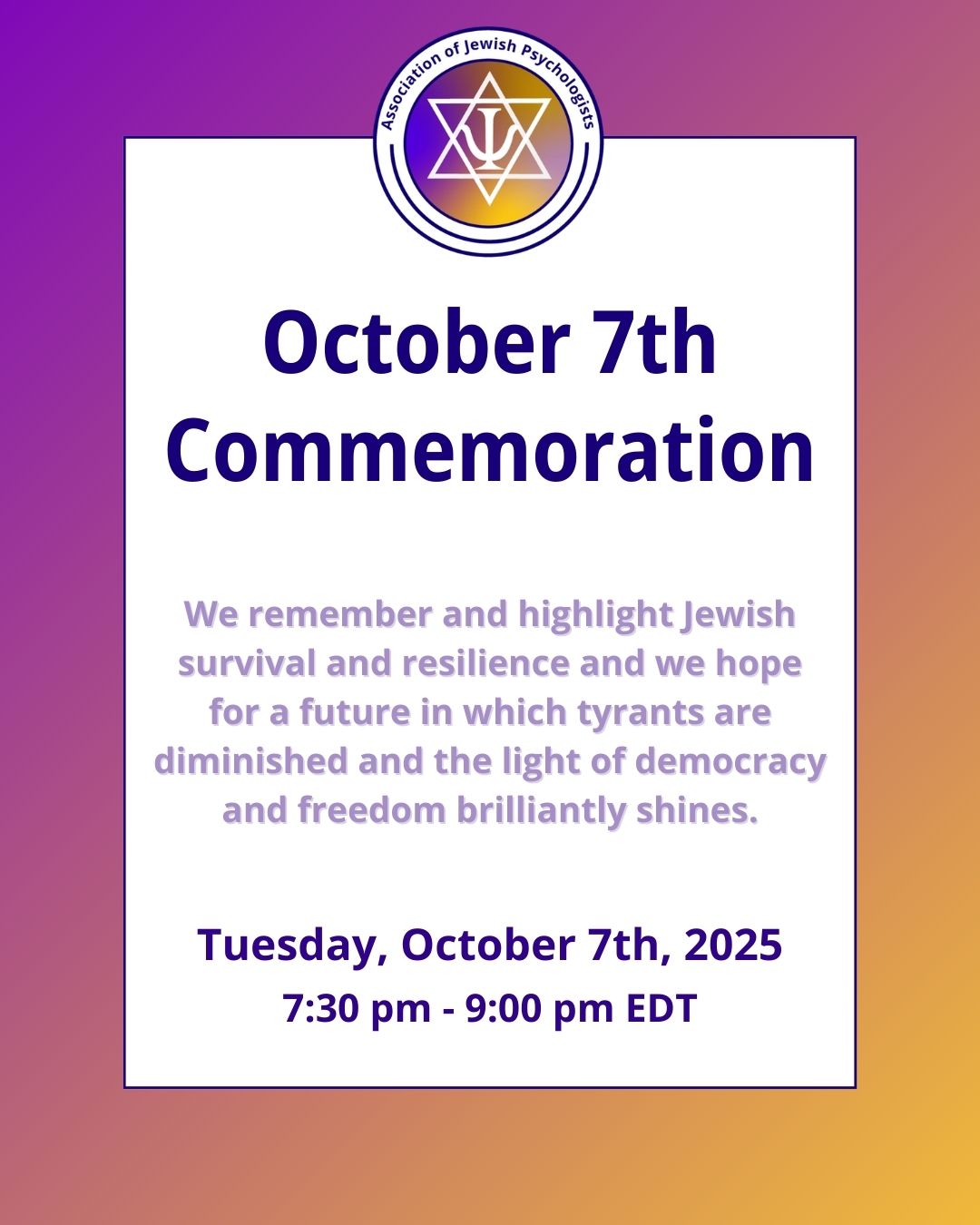 October 7th Commemoration 2025 - Association of Jewish Psychologists